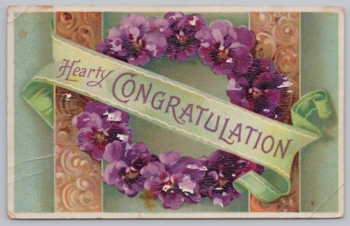 Hearty Congratulations~Purple Flower Wreath~Green Ribbon Across Front ...
