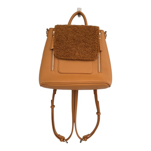 MMS Tan Backpack Handbag Purse Faux Leather Sherpa Feel Front Very Cute ...