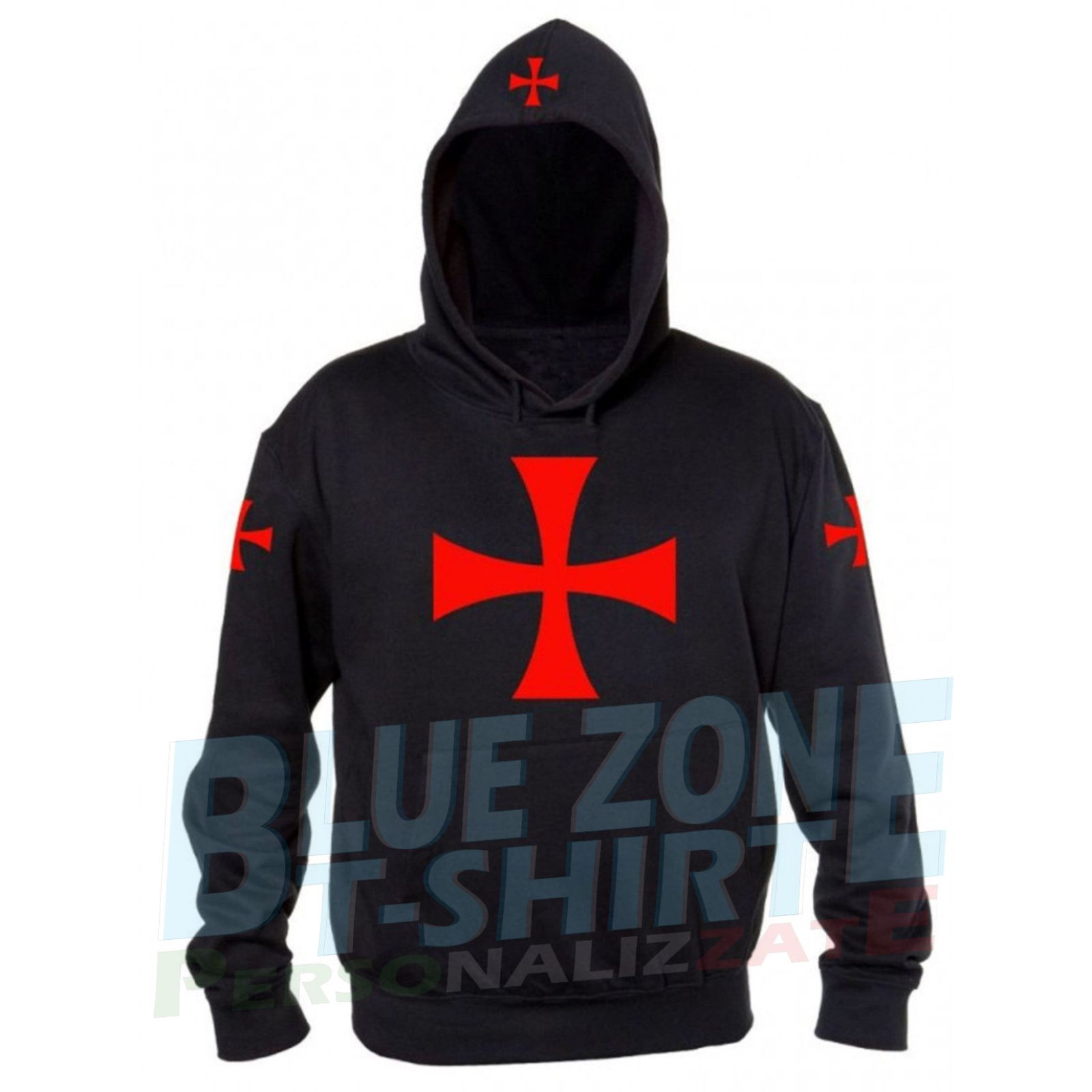 Croce Templare Felpa Nera Cappuccio Templari Cavalieri Crociati Uomo ...