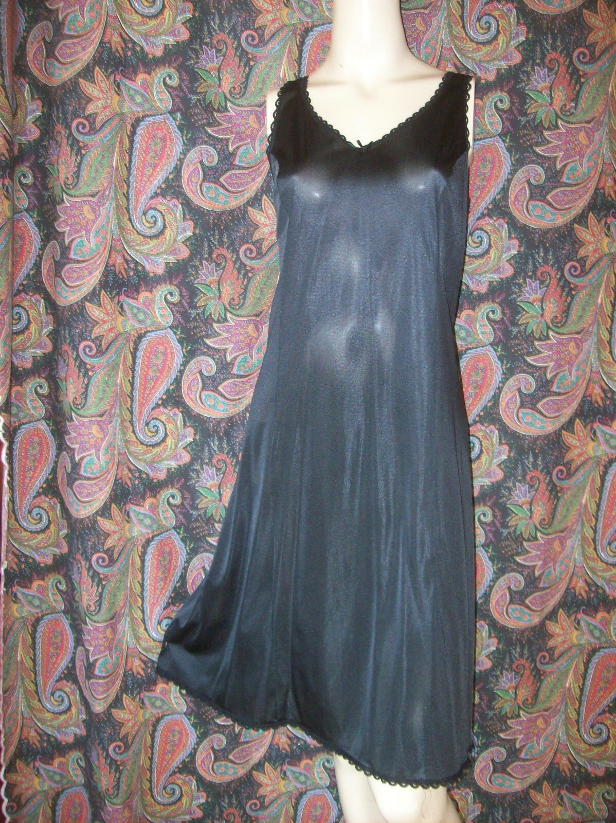 Vintage Sears Black Nylon Aline Princess Slip Nighty … - Gem