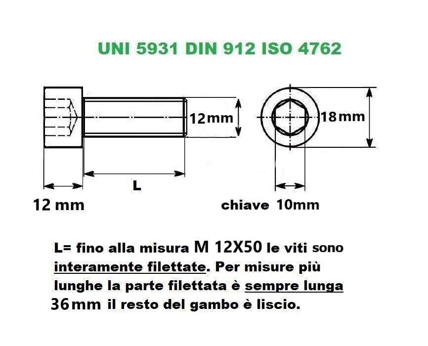VITI M12 A BRUGOLA TESTA CILINDRICA TCEI UNI5931 DIN912 IN ACCIAIO 12.9 ...