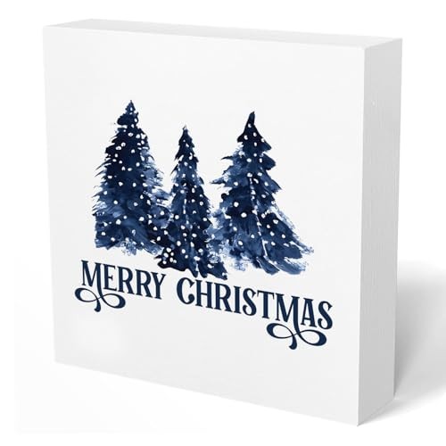 Navy Blue Christmas Tree Wooden Box Sign, Farmhouse Christmas Decor ...
