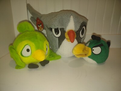 Angry Birds Plush Lot- 8" Silver, 5" Open-beak Hal, 8" Green Caged Bird ...