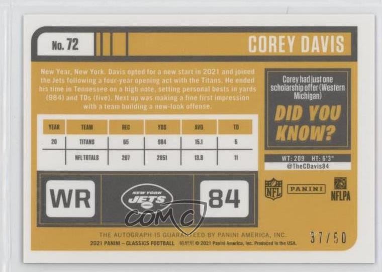 2021 Classics Premium Edition Gold Significant Signatures /50 Corey ...