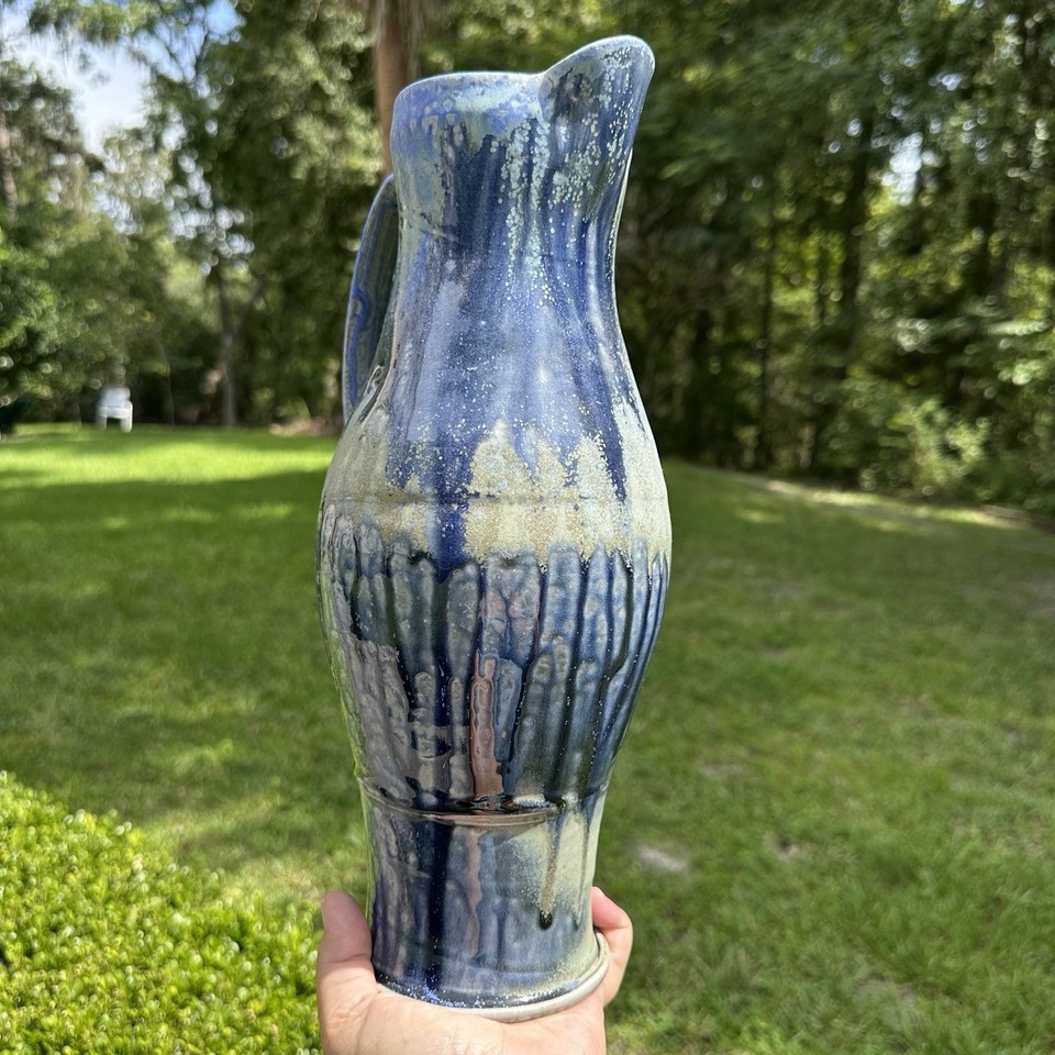 Tim Sherman Studio Pottery Pitcher Wood Fired Blue Drip Ash Glaze ...