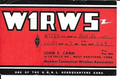 QSL 1951 ARRL HQ CT W1RWS John Cann radio card | eBay