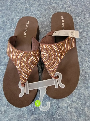 West Loop Brown Flip Flop Sandals Rhinestone Platform Women's Med (7/8 ...