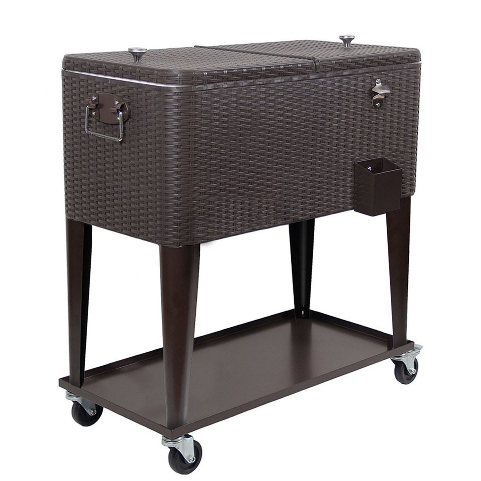 Outdoor Patio Rolling Cooler Cart 80 Qt Wicker Ice Chest Beverage Brown ...
