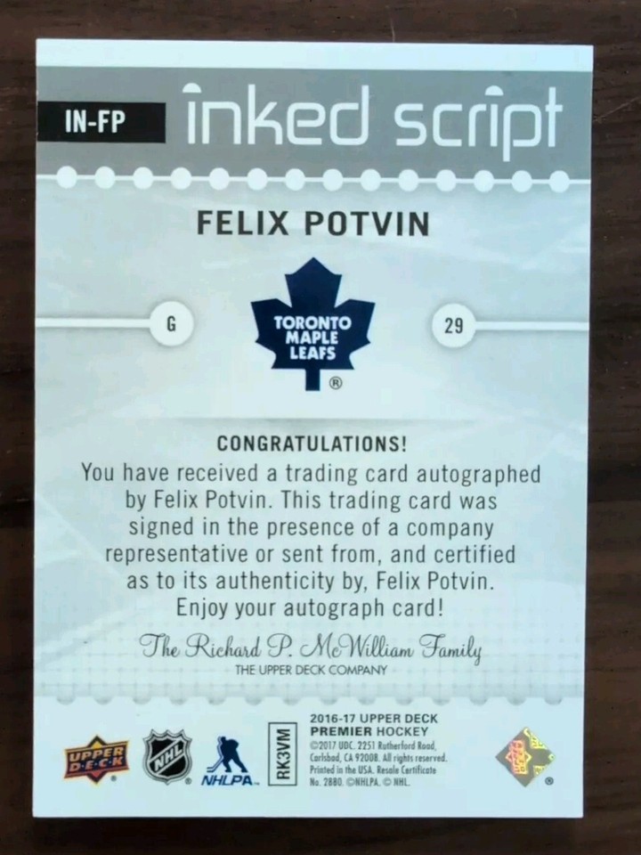 Felix Potvin Autograph 2016-17 UD Premier Inked Script 'the Cat's #/99 ...