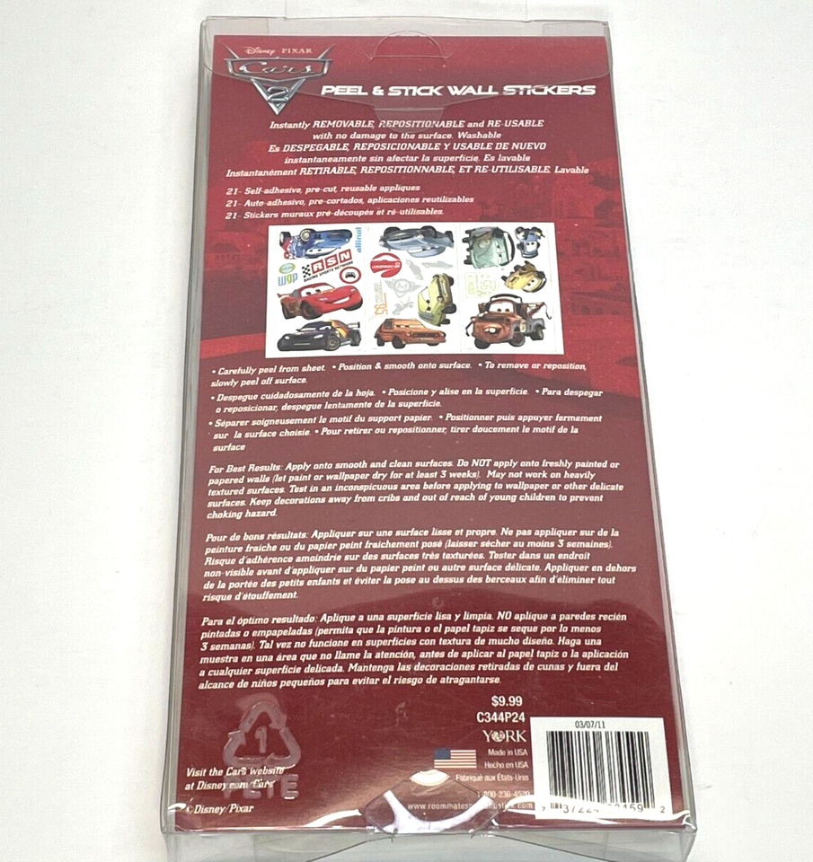 Disney Pixar CARS 2 Peel & Stick 21 Wall Decals McQueen Mater NOS NIB ...