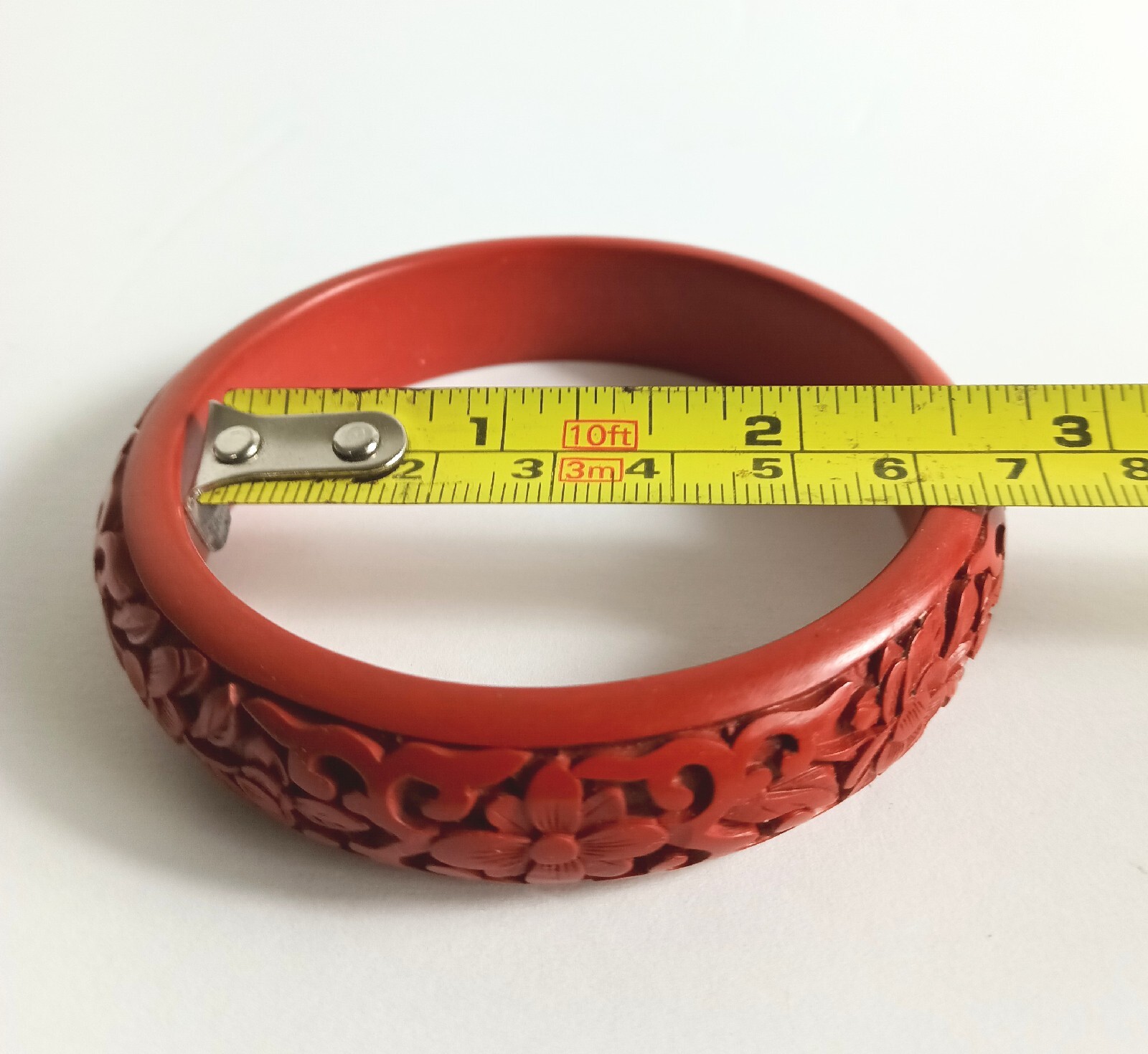 Asian Red Carved Cinnabar Floral Design Bangle - Gem