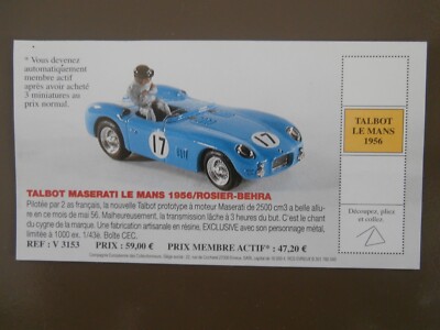 TALBOT MASERATI LE MANS 1956 / FICHE CARTONNE comp. europ. des ...