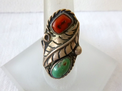 Signed Navajo Lydia Begay Turquoise Red Coral Ring 925 Sterling Silver ...
