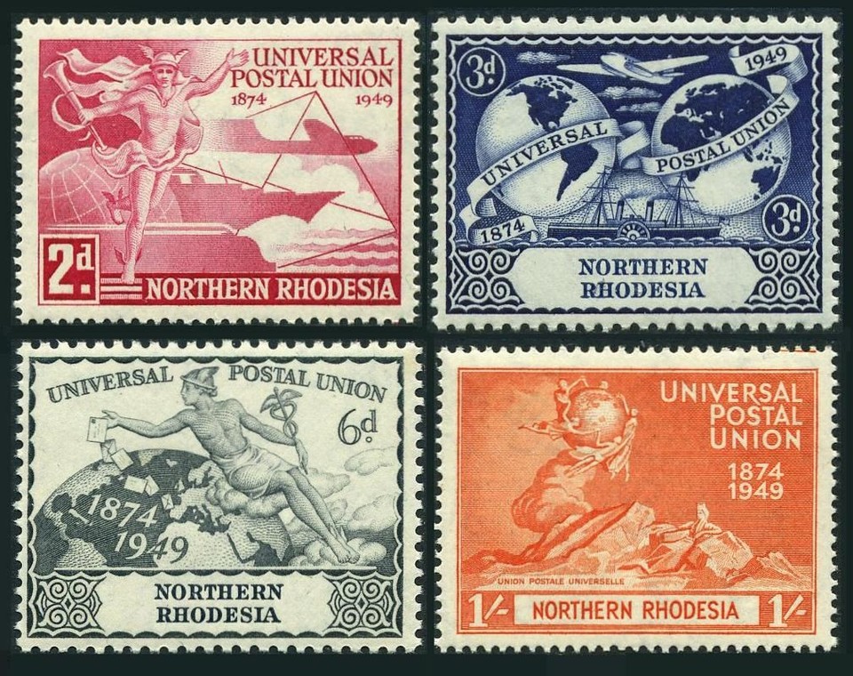 Northern Rhodesia 50-53, MNH. Mi 50-53. UPU-75, 1949. Mercury, Plane ...