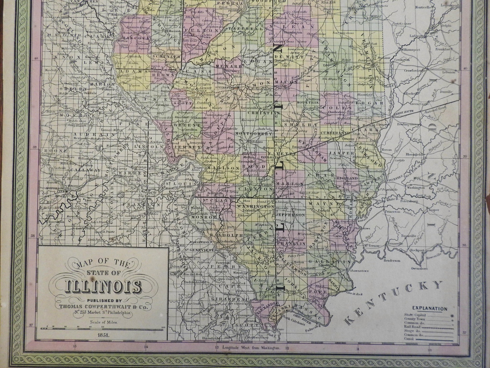 Illinois state Chicago Springfield 1850 Cowperthwait transitional map ...