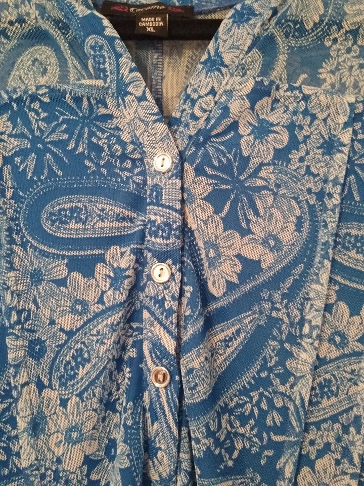 Cocomo XL Top Royal Blue Floral Tab 3/4 Sleeve V Neck Lining Pleats ...