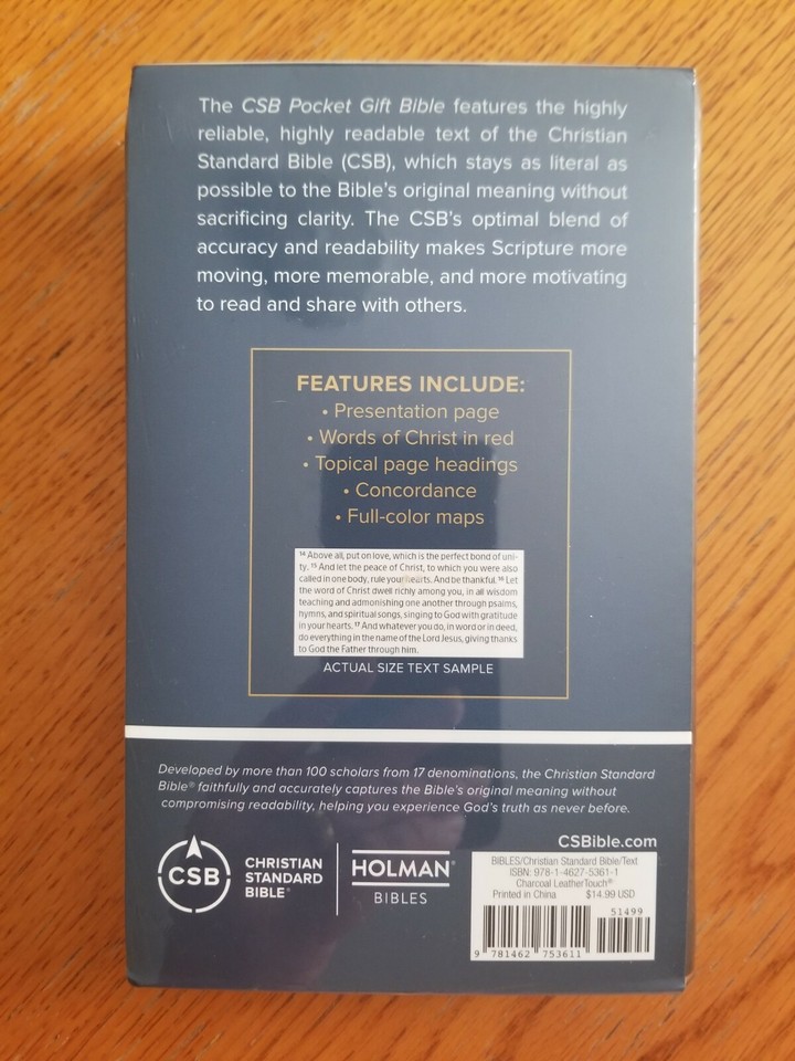 Holman CSB Pocket Gift Bible Charcoal Leathertouch Christian Standard ...