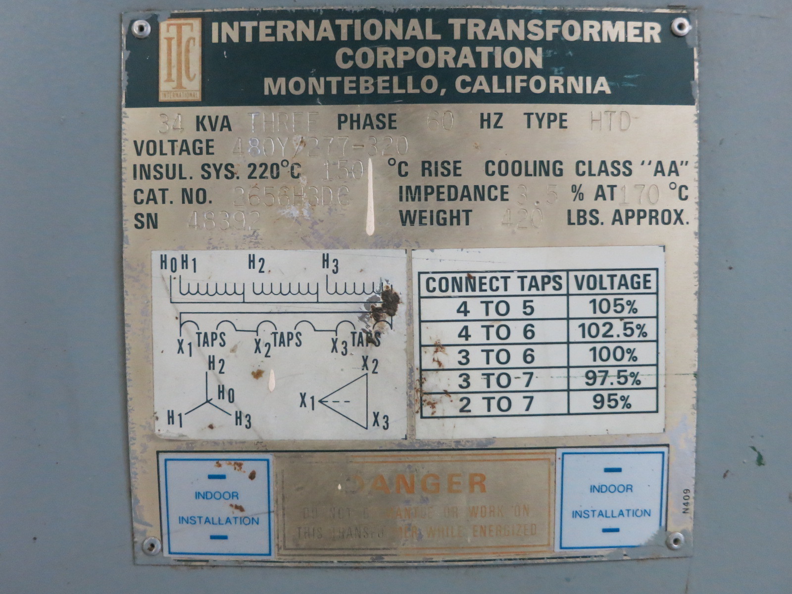 International 34 kVA 480Y/277 - 320 Delta 2656H3DC 3PH Transformer ...