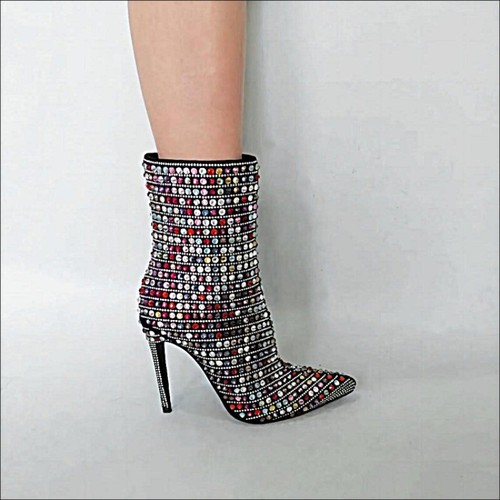 Women's Colorful Rhinestone Decor Pointed Toe High Heels Side Zipper ...