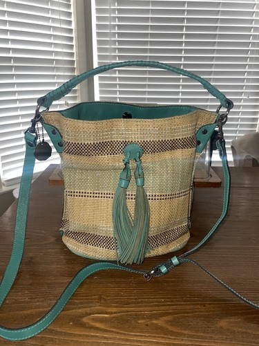 PATRICIA NASH TEAL RAFFIA TASSEL BUCKET BAG RARE | eBay