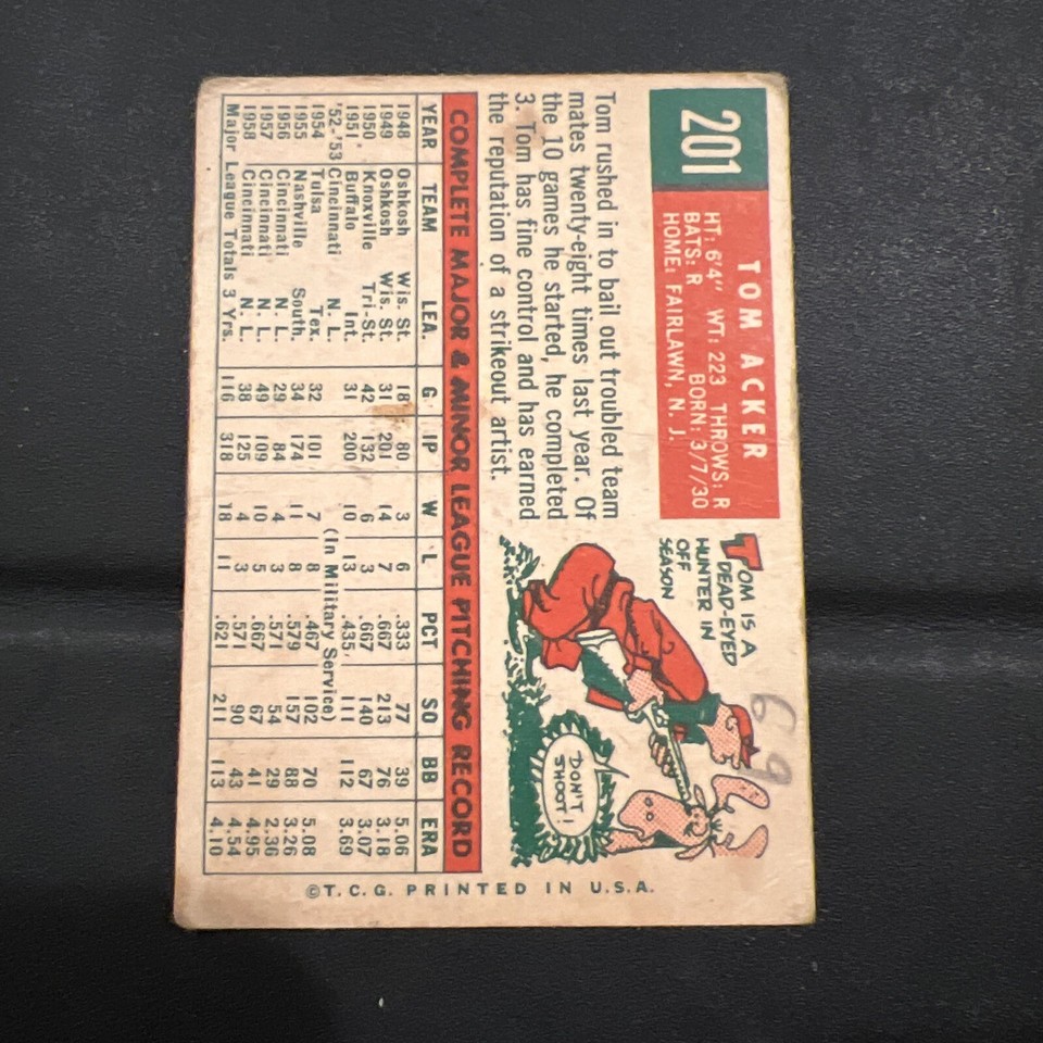 1959 Topps Baseball Card #201 Tom Acker - Low To Mid Grade - G/VG! | eBay