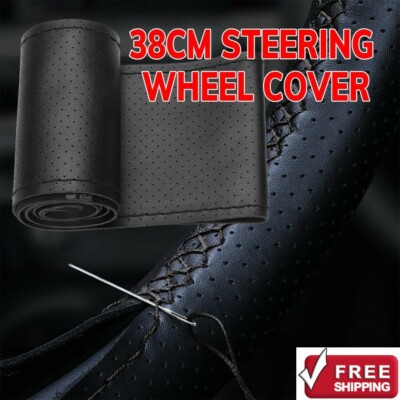 DIY Carbon Leather Car Steering Wheel Cover Thread Anti-slip Black 15 ...