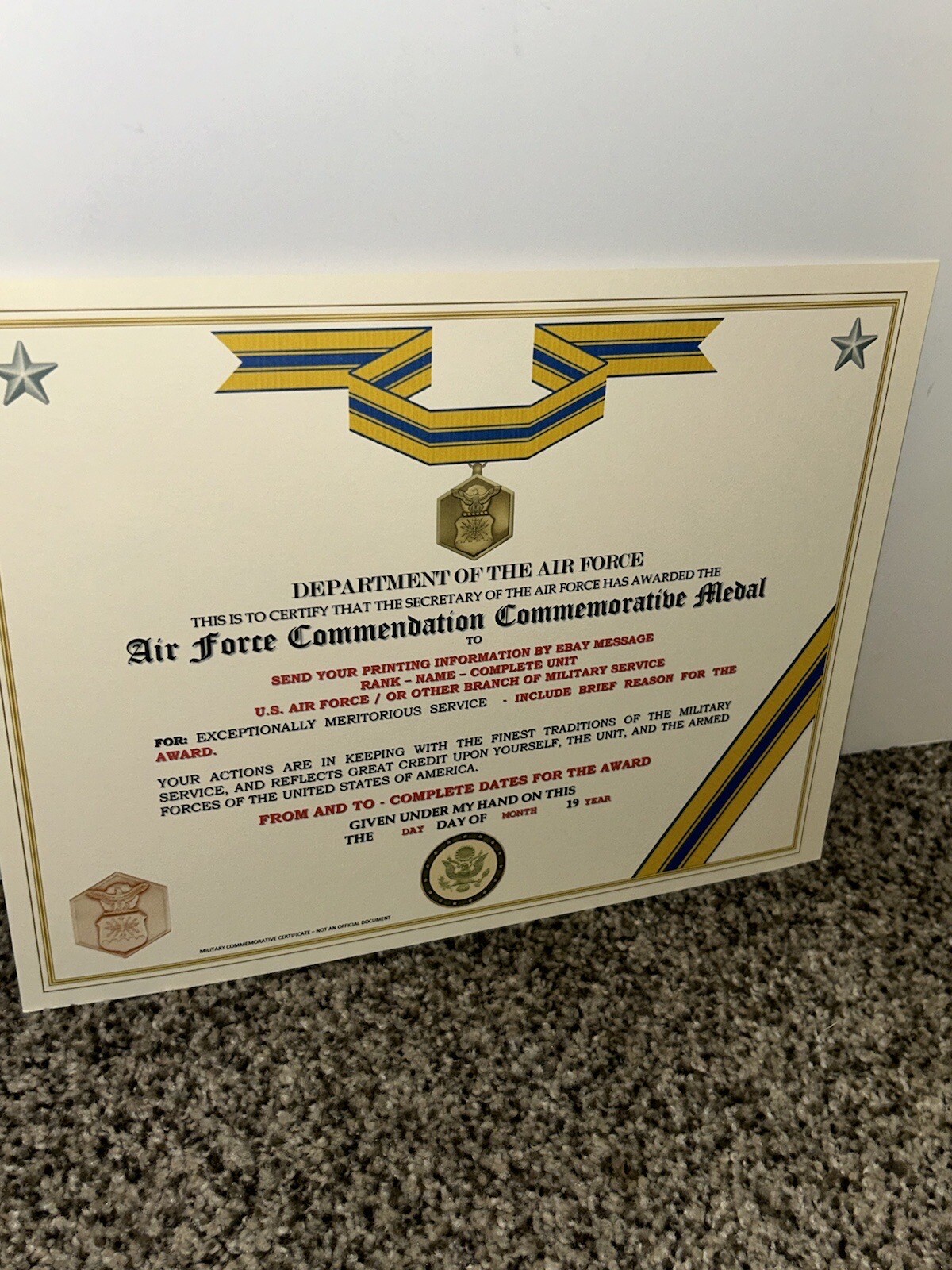 AIR FORCE COMMENDATION MEDAL COMMEMORATIVE CERTIFICATE ~ TYPE-2 w ...