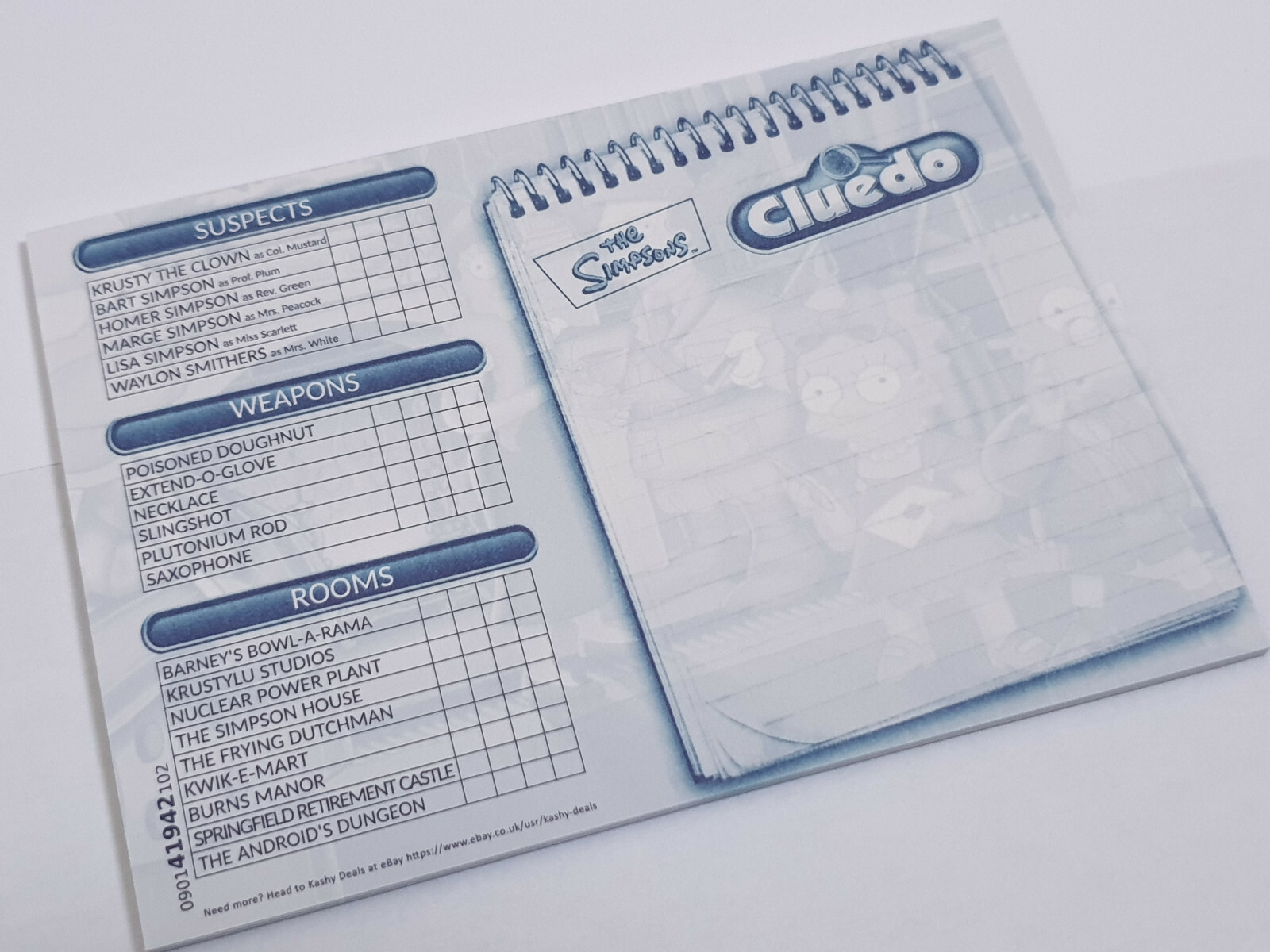 The Simpsons Cluedo Detective Notes Note Pad (25 sheet pad) - Spare ...