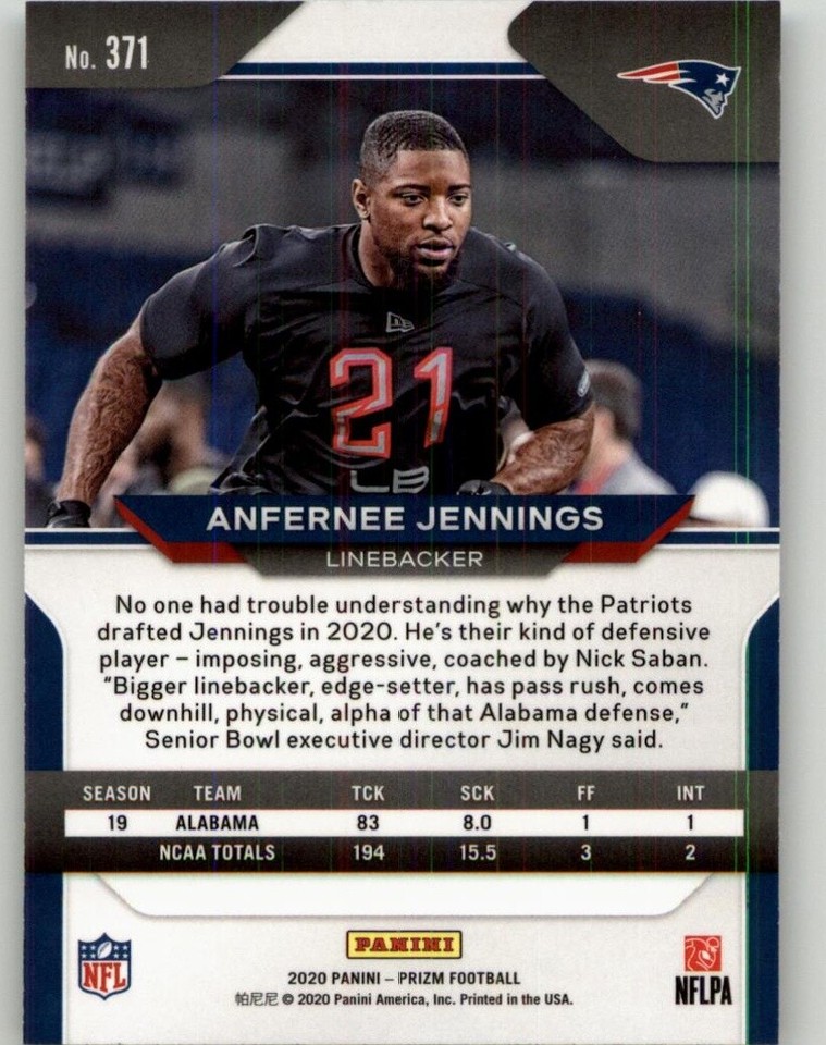 2020 Panini Prizm Anfernee Jennings Rookie #371 RC New England Patriots ...