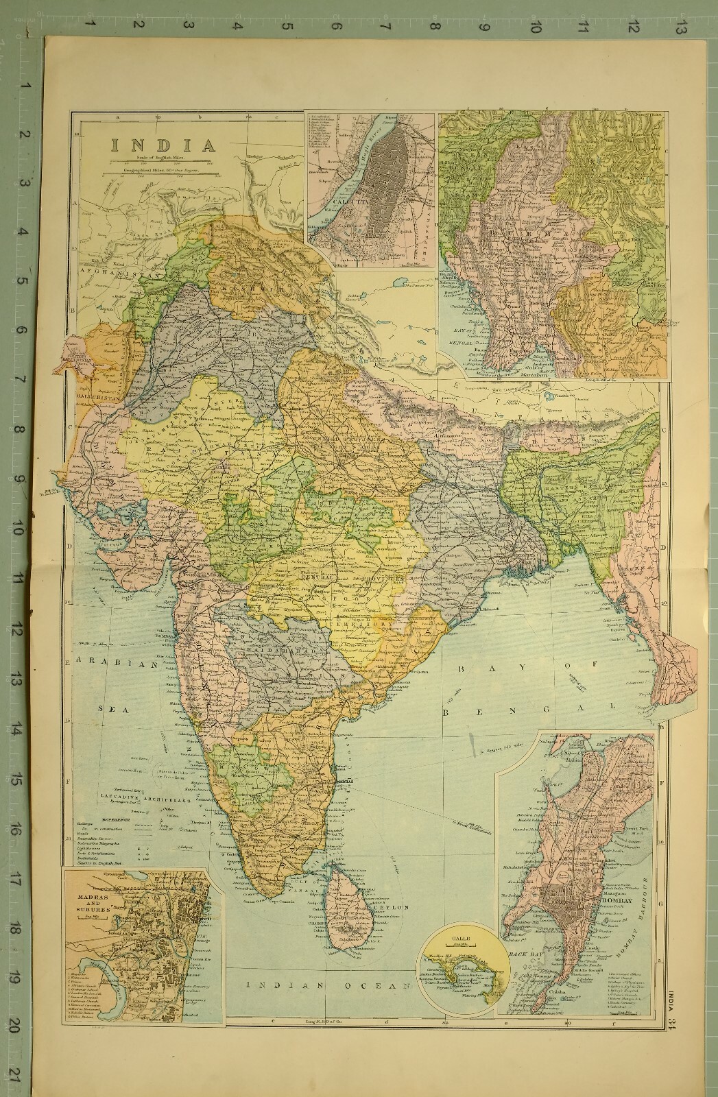 1912 LARGE ANTIQUE MAP INDIA CEYLON CALCUTTA BURMA BOMBAY MADRAS MYSORE ...