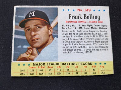 1963 Post Cereal Baseball Card # 149 Frank Bolling - Milwaukee Braves ...