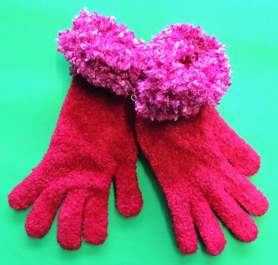 Child's Medium Knit Mittens Girl Kids' Red w/ Pink Fuzzy Cuffs 7" x 4 ...