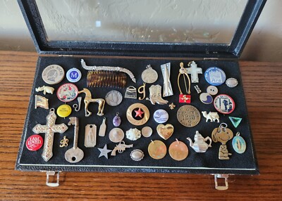 Shadow Box filled with Misc. Antique-Vintage pins, coins, badges, bits ...