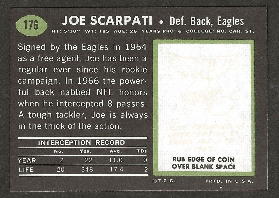 1969 Topps #176 JOE SCARPATI Philadelphia Eagles NM-MT 02 | eBay