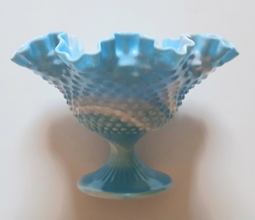 Vintage Fenton Blue, White Slag Glass Ruffled Hobnail Compote Pedestal ...