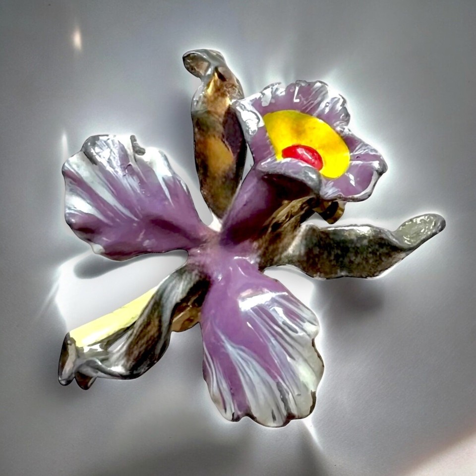 Purple Enamel Flower Brooch Silver Tone Iris Pin Dainty 1 Inch Vintage ...