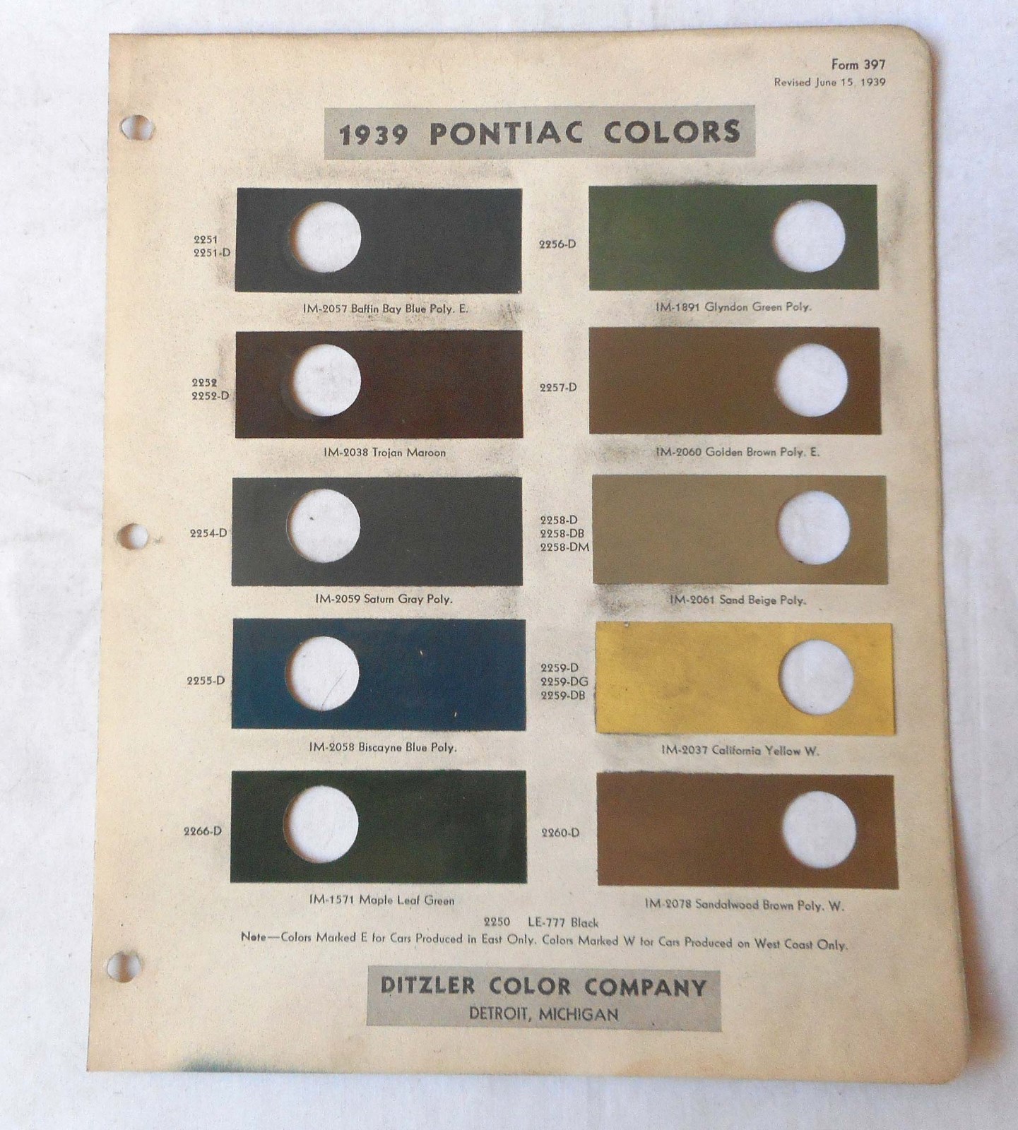 1939 PONTIAC PPG DITZLER COLOR PAINT CHIP CHART ALL MODELS ORIGINAL GM ...