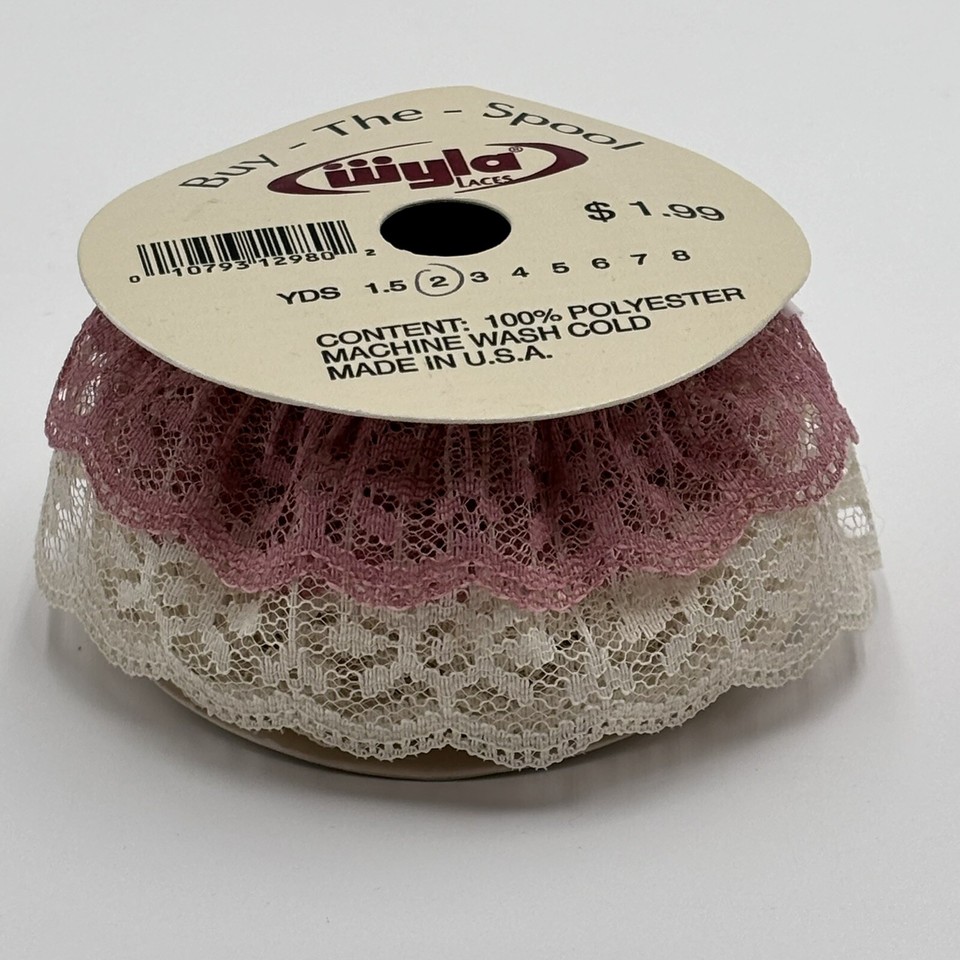 WYLA Laces 2 Yds Polyester Pink & Off White Double Lace Trim Ruffled 1. ...