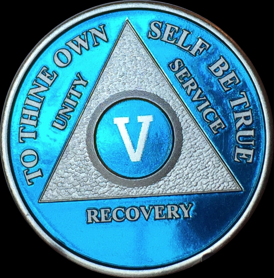 Blue Silver Plated 5 Year AA Chip Alcoholics Anonymous Medallion Coin ...