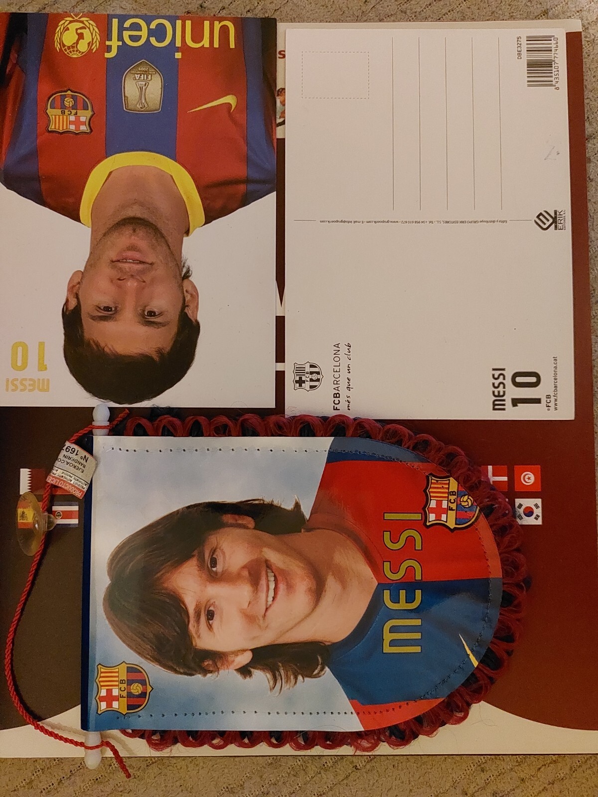 Messi Memorabilia- 2 Messi postcards, Barca Badge, crest flag, Messi ...