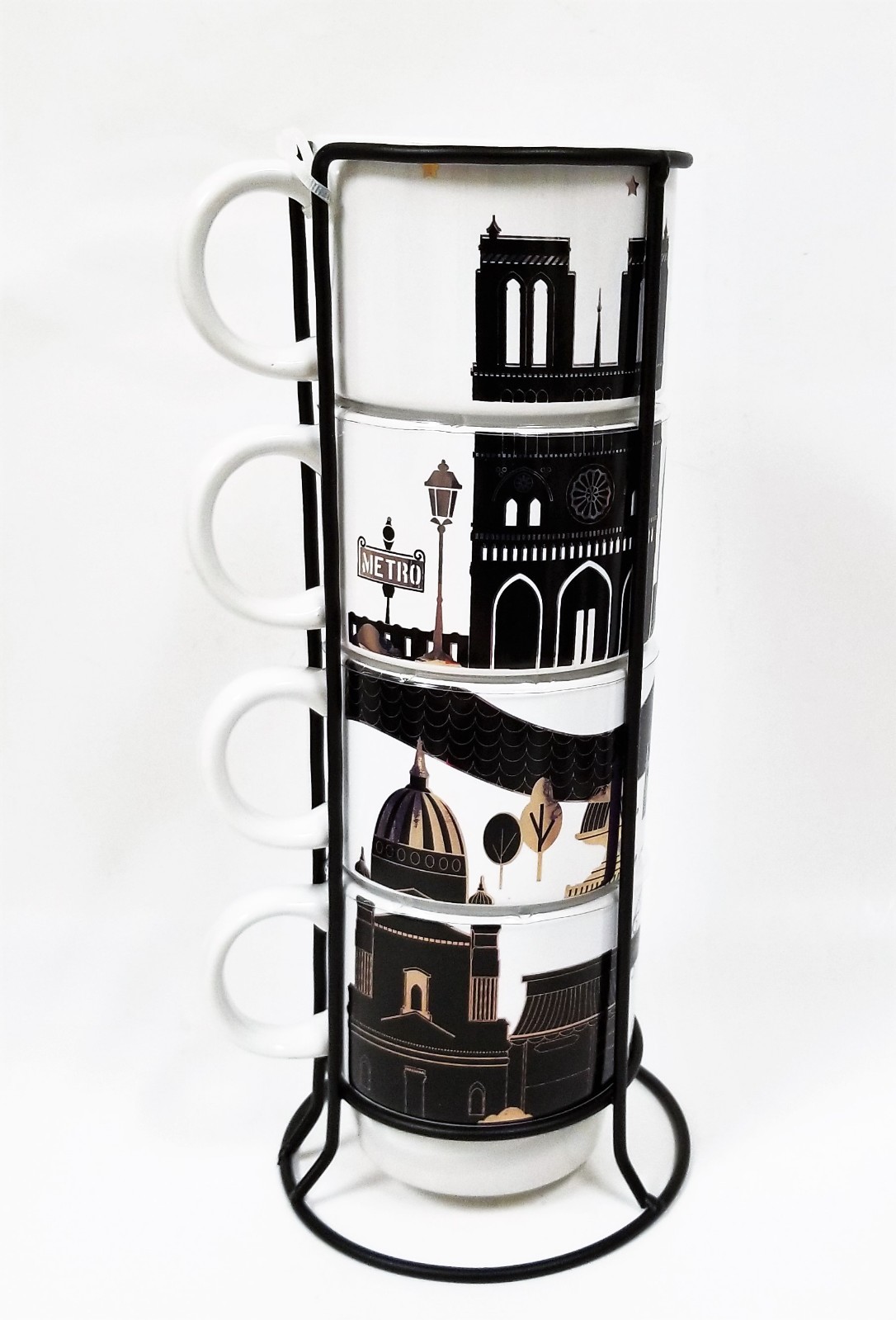 STACKABLE WHITE,BLACK,GOLD PARIS CERAMIC 4 COFFEE MUG,TEA CUP+BLACK ...