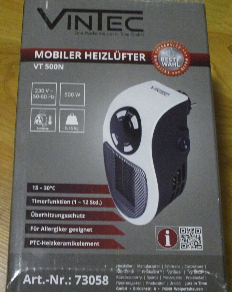 VINTEC Mobiler Heizlüfter VT 500N Timer Heizer Heizgerät Heizung ...