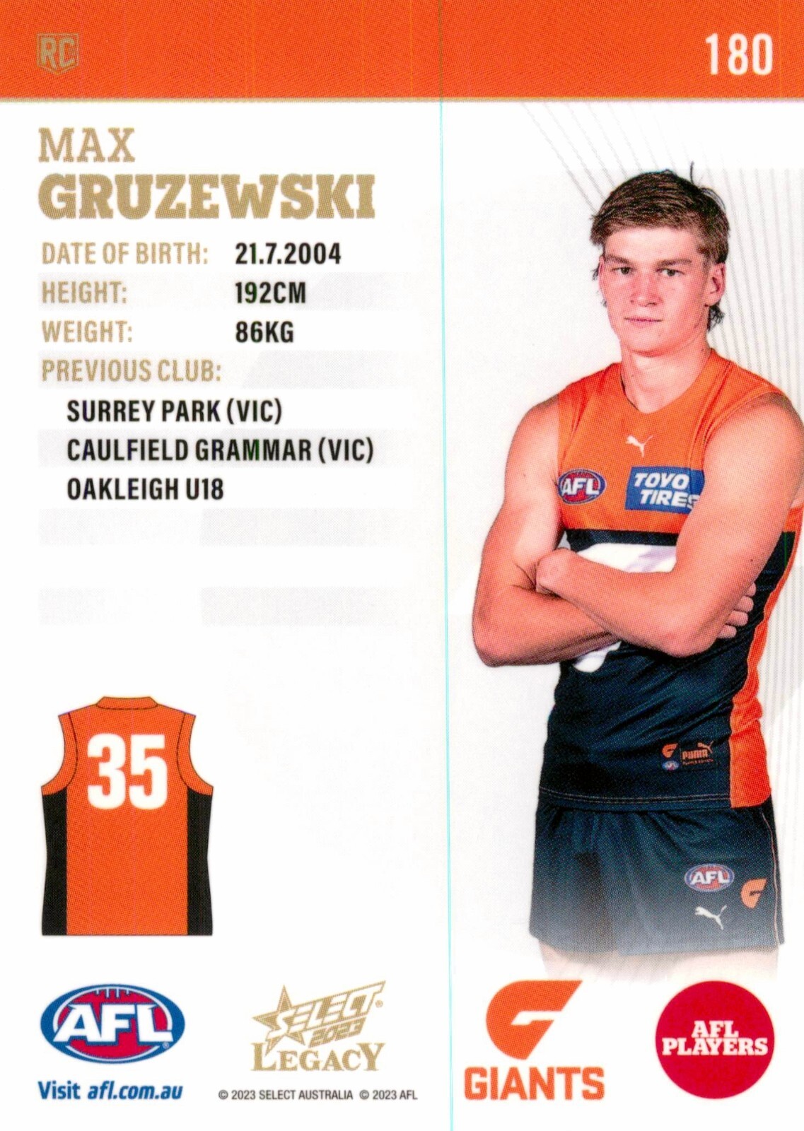 2023 GWS Giants AFL Select Legacy Rookie Card - Max Gruzewski | eBay ...