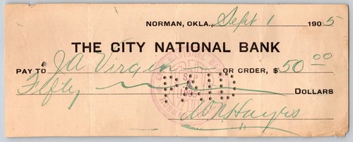 Norman, Oklahoma Territory 1905 $50 "The City National Bank" Check ...