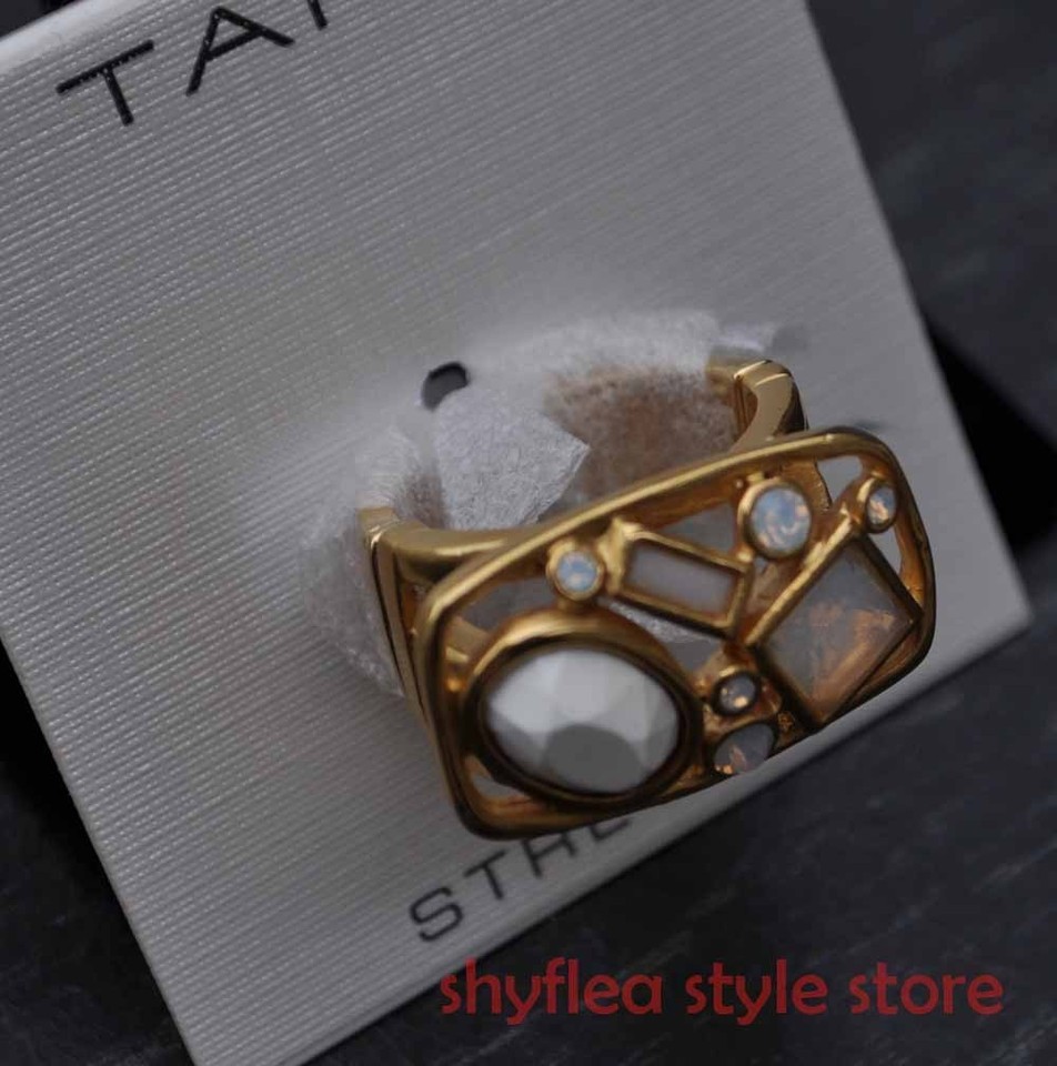 Tahari Ring South Beach White Iridescent Faceted Stones Geometric Stretch Band | eBay