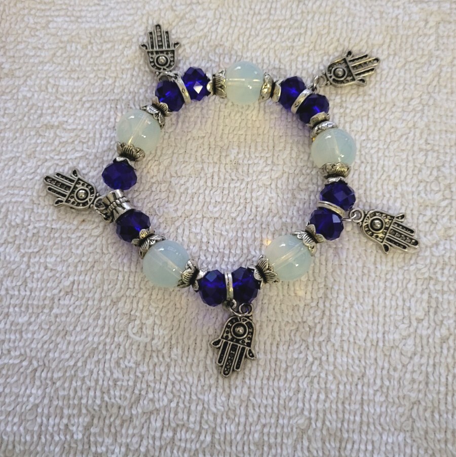 Cobalt Blue And Clear Glass Stretch Bracelet With Hamsa Ward Off Evil ...