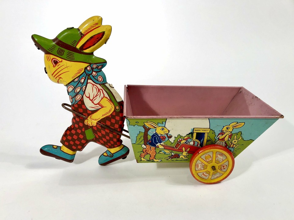 Vintage Easter Rabbit Tin Toy Cart || Painted Easter Egg Hunt, Bunnies ...