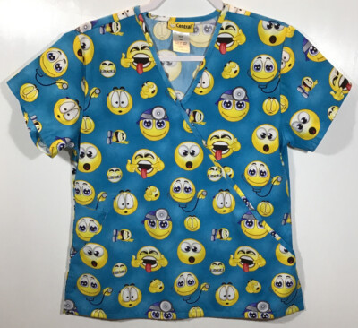 Emoji Scrub Top womens size XS extra-small Smiley Happy Face doctor ...