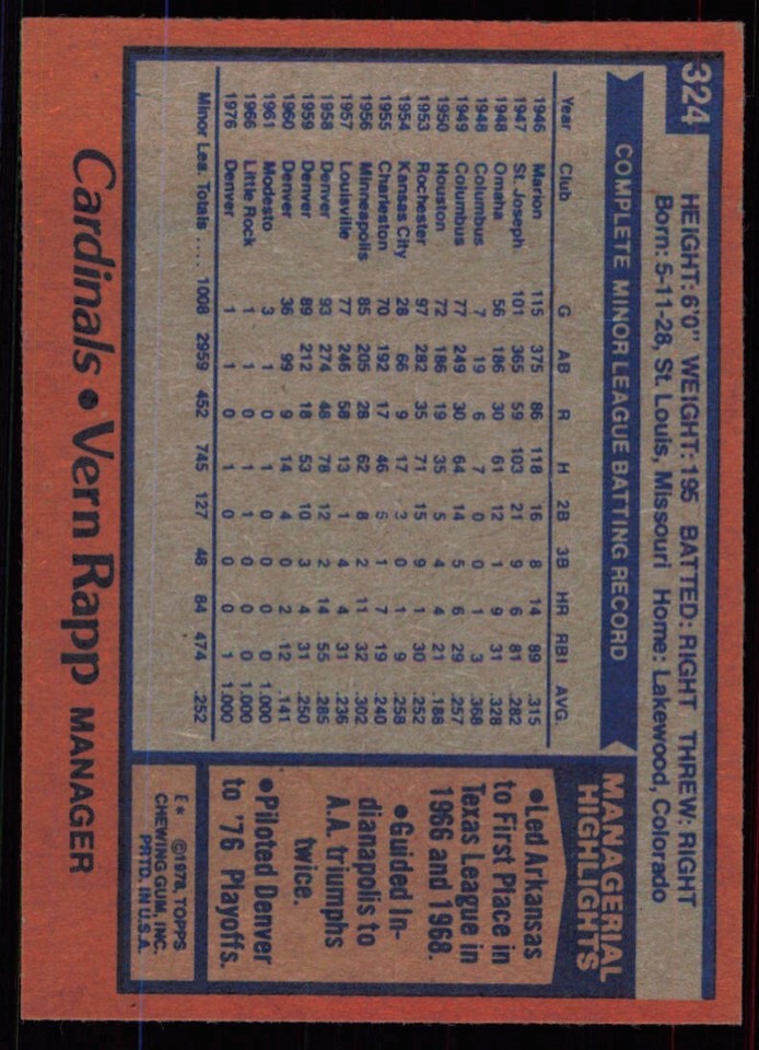 1978 Topps Vern Rapp Rookie St. Louis Cardinals #324 | eBay
