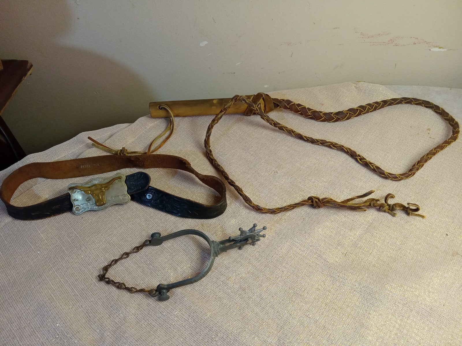 Vtg Lot 3 Cowboy Western Accessories, Leather Bullwhip, Leather Belt ...
